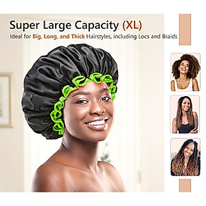 mikimini Extra Large Black Shower Cap for Women and Men Thick Long Hair Braids, Reusable Waterproof Double Layers XL Bathing Hair Caps with Vibrant Green Edge (Black)