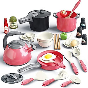 Bruvoalon 32Pcs Kids Play Kitchen Toys Set, Toddlers Pretend Cooking Playset Acccessories with Pots Pans, Utensils Cookware, Foods, Canned Veges, Learning Gift for Kids Girls Boys (Red)