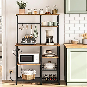 HOOBRO Large Bakers Rack with Power Outlets, 6-Tier Microwave Stand with 4 Hooks, Coffee Bar, Kitchen Shelf with Wire Basket, for Kitchen, Living Room, Office, Rustic Brown and Black BF64UHB01