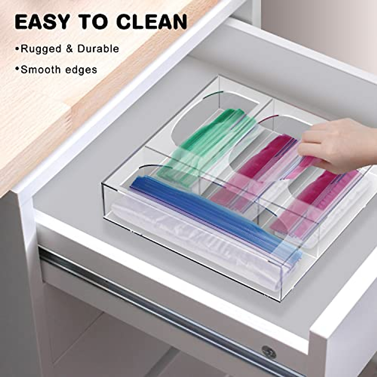 Ziplock Bag Storage Organizer, Acrylic Kitchen Drawer Baggie Box for Ziploc, Plastic Bag Holder, Food Storage Bag Holder, Compatible with Ziploc, Solimo, Glad, Hefty for Gallon, Quart, Sandwich & Snack Variety Size Bags