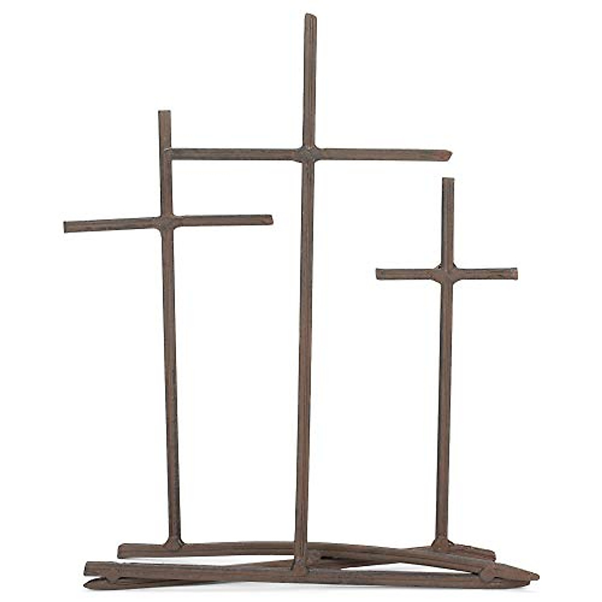 Three Crosses Metal Nail Distressed Brown 8 x 9.5 Metal Table Top Cross Decoration