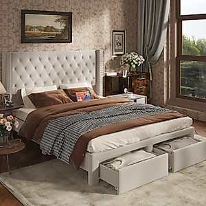CIKUNASI Velvet Upholstered Bed Frame Queen with Headboard and Storage, Tall Bed Frame with 2 Drawers, Tufted Wingback Bed Frame Queen Size LED Light, Charging Station, No Box Spring Needed, Cream