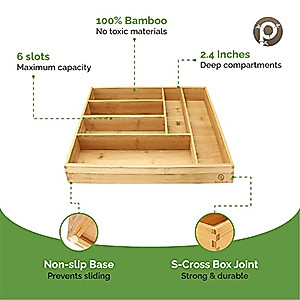 Pristine Bamboo silverware tray organizer– Flatware Utensil Cutlery Silverware Holder for Drawer – Small Extra-Deep Wooden Kitchen Drawer Organizer Divider for Spoons Forks Knives cutleries (6-Slots)
