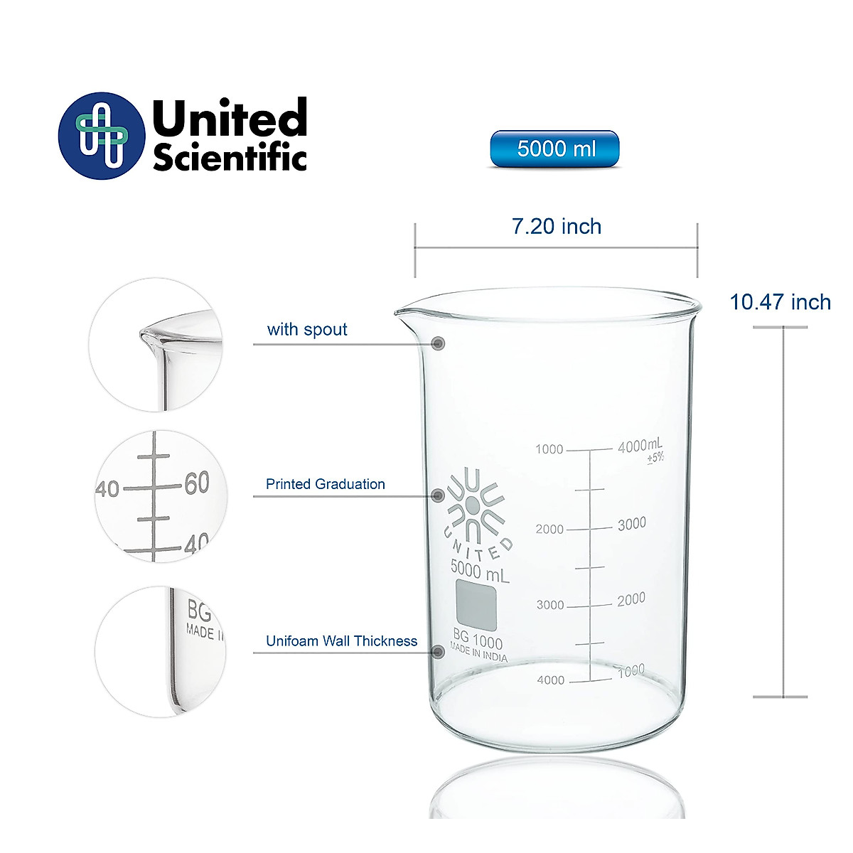 United Scientific™ BG1000-5000 Borosilicate Laboratory Grade Glass Beakers | Griffin Style Low Form Beaker | Graduated with Spout | Designed for Laboratories & Chemistry Classrooms | 5000mL Capacity