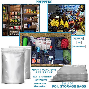 One Gallon Resealable 4.7 ml Mylar Bags, 50 Unit Set with 300cc Oxygen Absorbers and Labels; Thick and Heat Sealable. Food Storage Done Easy!