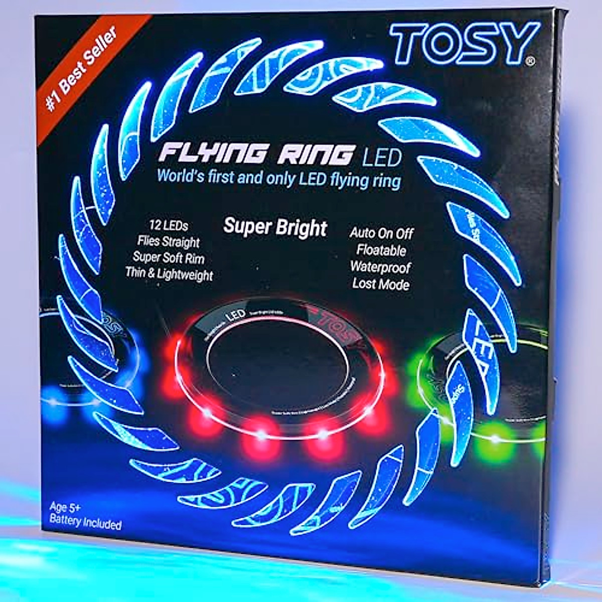 TOSY Flying Ring - 12 LEDs, Super Bright, Soft, Auto Light Up, Safe, Waterproof, Lightweight Frisbee, Cool Birthday, Camping, Easter Basket Stuffers & Outdoor/Indoor Gift Toy for Boys/Girls/Kids