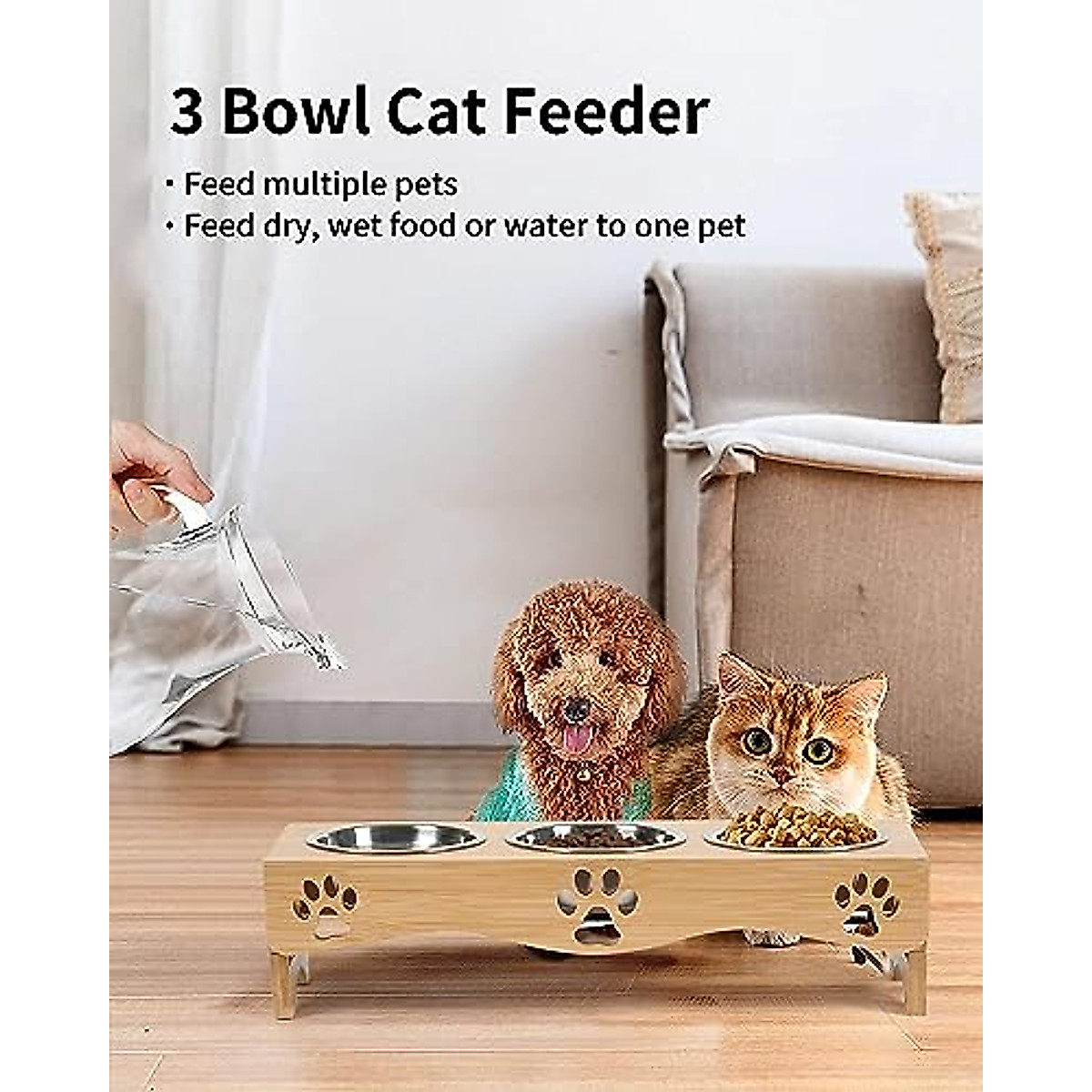 JAZUIHA Elevated Cat Bowls, Raised Cat Food Bowl Set Stainless Pet Dishes Feeder with Wooden Stand, Food and Water Bowl for Cat and Small Dog (Wood Color)