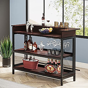 Tribesigns Industrial Home Bar Unit, 3 Tier Liquor Bar Table with Stemware Rack and Wine Storage Display Shelf, Mini Bar Cabinet with Glass Holder Footrest and Mesh Front