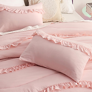 Bedsure Pink Comforter Set Queen - Ruffle Comforter, Cute Shabby Chic Boho Bedding Comforter Set for Girls, Lightweight Fluffy Soft Bed Set with 2 Pillow Shams