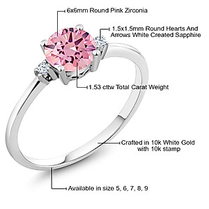 Gem Stone King 10K White Gold Pink Zirconia and White Created Sapphire Solitaire Engagement Ring For Women (1.53 Cttw, Round 6MM, Gemstone Birthstone, Size 9)