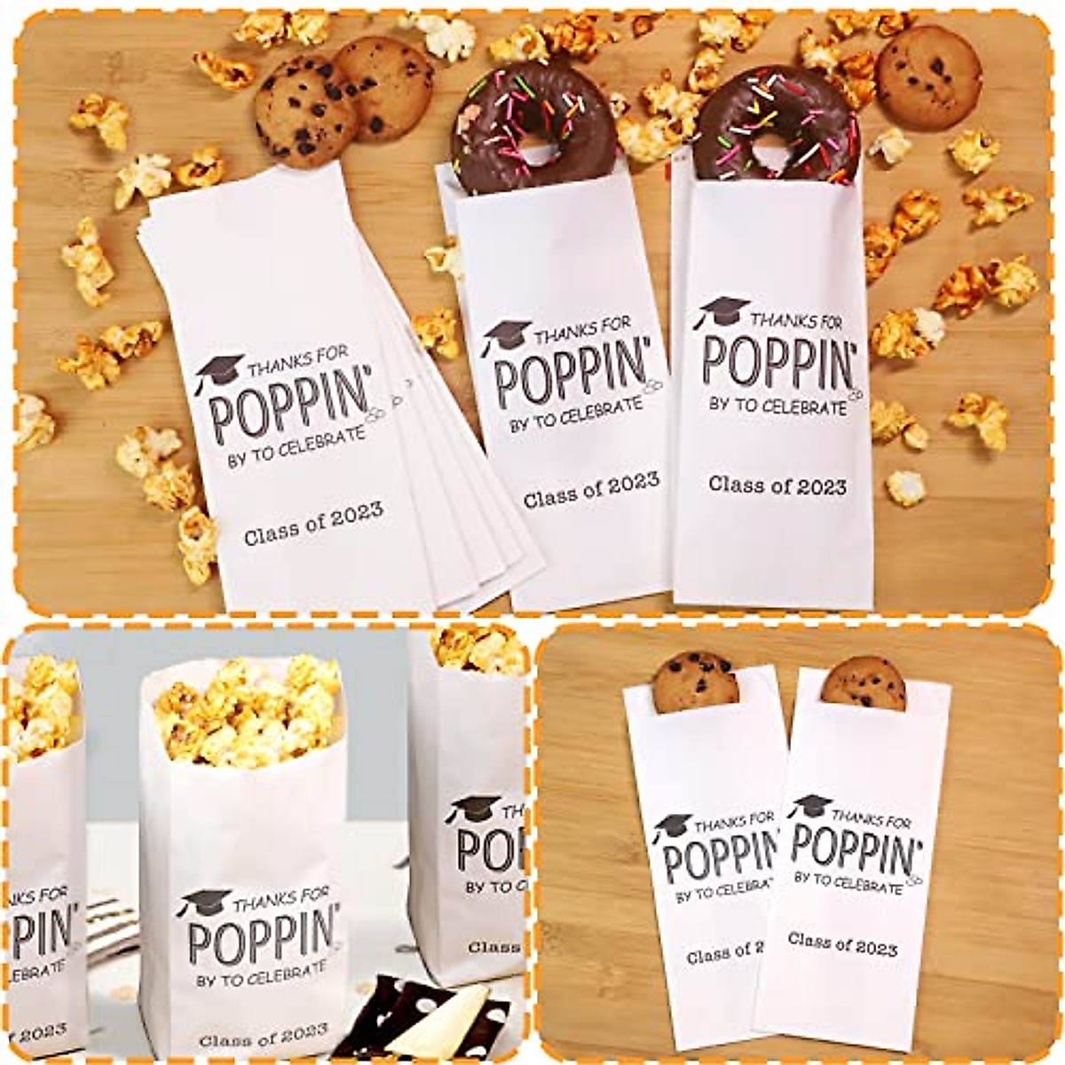 25 Pcs Class of 2023 Graduation Party Favors Popcorn Bags Graduation Treat Snack Goodie Cookie Bags Thanks for Poppin By to Celebrate Grease Resistant Paper Bags