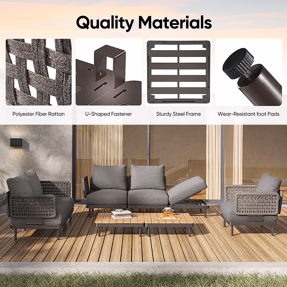 WOWT Modular Sectional Sofa, Convertible L Shaped Couch Set with Rattan Armrest,Modern Modular Sectional Sofa, 5-Seater Corner Sectional Sofa for Living Room,Apartment,Garden,Gray