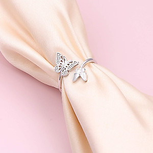 FLYOW Butterfly Ring 925 Sterling Silver Double Butterfly Wrap Around Ring with White CZ Adjustable Thumb Open Rings for Women Jewelry Gifts