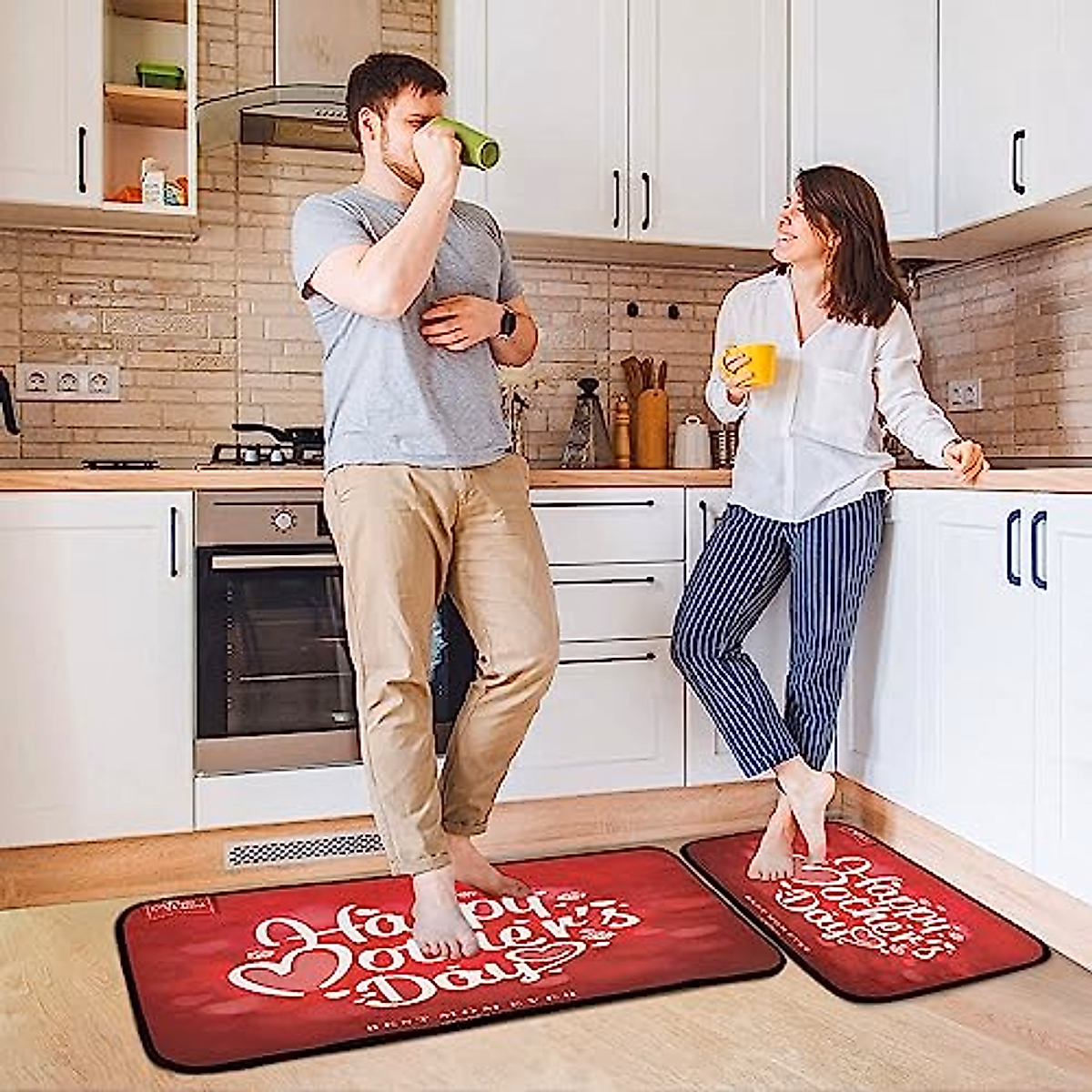 ALAZA Happy Mothers's Day Red Kitchen Mat Set 2Piece,Super Absorbent Kitchen Rugs Mats Non Slip Waterproof Easy Clean Carpets Rugs for Kitchen Floor Sink Laundry Runner Area Rug Carpet
