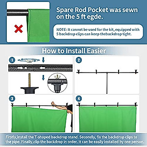 Hemmotop Green Screen Backdrop with Stand Kit 5x6.5ft for Zoom, 2-in-1 Reversible Blue Screen and Green Screen with Portable T-Shaped Background Support Stand, 5 x Backdrop Clip