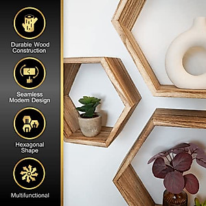 Hexagon Shelves Set of 5 – Wall Mounted Natural Light Wood Floating Shelves – Decorative Honeycomb Hanging Display Shelf for Bedroom, Living Room, Kitchen & Office - Modern Farmhouse Décor Storage