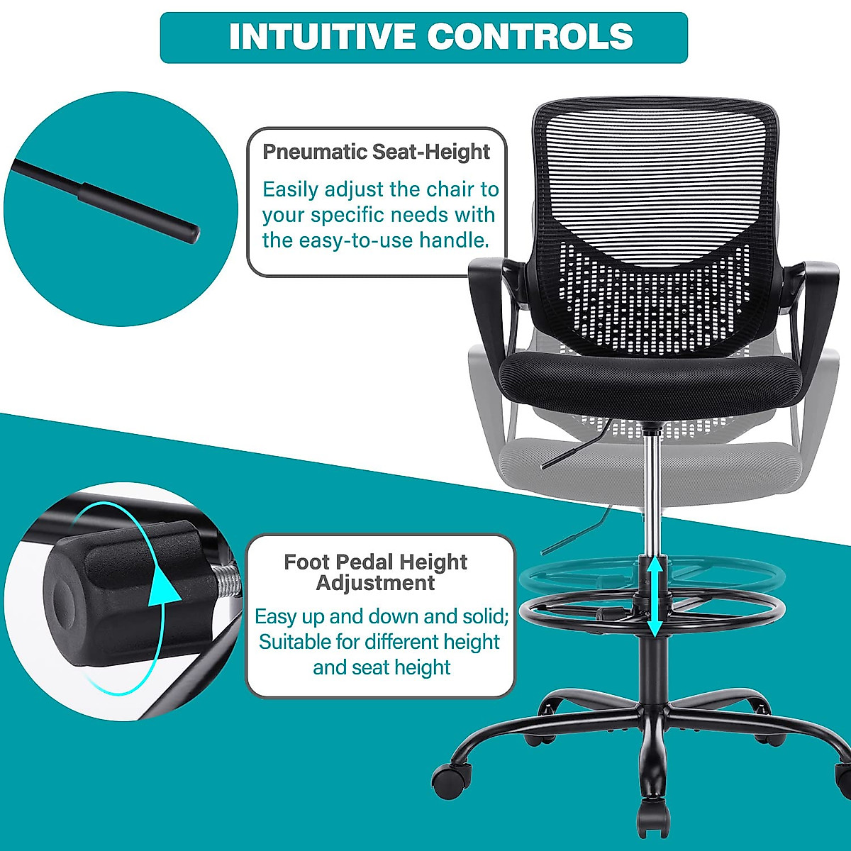Tall Office Chair, Drafting Chair, Standing Desk Chair, High Adjustable Office Mesh Chair, Ergonomic Counter Height Computer Rolling Chair with Armrests and Foot-Ring for Bar Height Desk