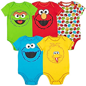 Sesame Street Elmo Cookie Monster Oscar the Grouch Big Bird Infant Baby Boys 5 Pack Bodysuits White 24 Months