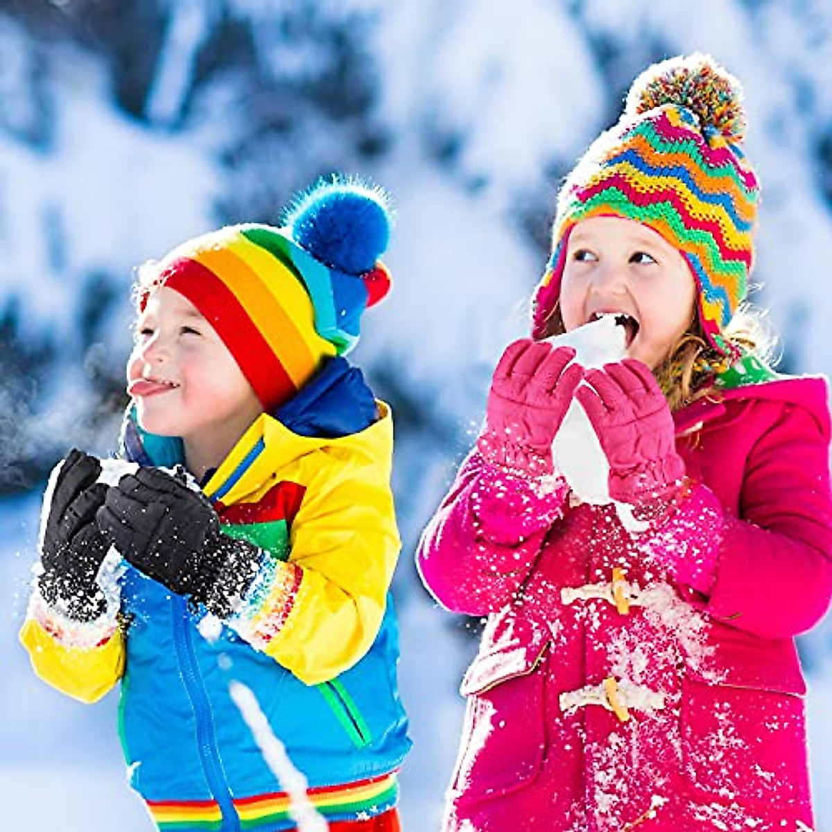 2 Pairs Kids Winter Ski Gloves Waterproof Warm Snow Mittens Full Finger Gloves for Toddlers Infants (Black, Rose Red, 5-10 Years)