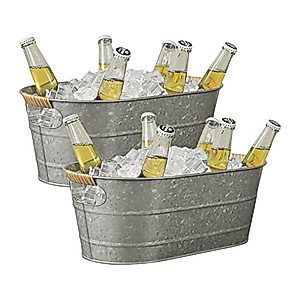 2 Pack Farmhouse Metal Galvanized Beverage Tub, Beer, Wine, Ice Holder - Ice Buckets for Parties,1.45 Gallons Rustic Vintage Storage Oval Bucket Bin - Galvanized/Cutout Handle with PE Rattan