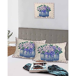 Edwiinsa Spring Floral Pillow Covers Standard Size Set of 2 Bed Pillow, Rustic Purple Plaid Summer Flowers Plush Soft Comfort for Hair/Skin Cooling Pillowcases with Envelop Closure 20''x26''