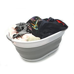 SAMMART 28L (7.4 gallon) Collapsible Plastic Laundry Basket-Oval Tub/Basket - Portable Washing Tub-Space Saving Laundry Hamper, Water capacity: 22L (5.8 gallon) (1, Grey)