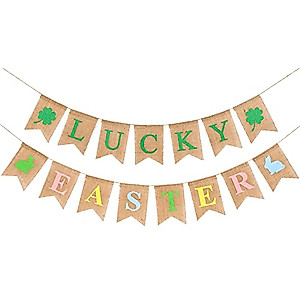 Whaline St. Patrick's Day Banner with String LUCKY Letters Burlap Banner Happy Easter Rabbit Bunting Garland Pre-Assembled Hanging Decoration for Home Party Supplies