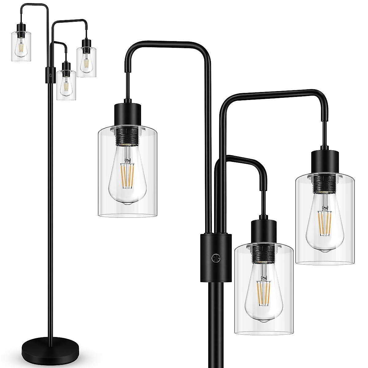 BoostArea Industrial Floor Lamp for Living Room,Glass Lampshade,Modern Stand Up Lamp with 3 Light,Simple Design Floor Lamp for Bedroom, Living Room, Office, Kids Room, Reading