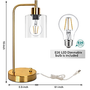 Gold Industrial Table Lamp with 2 USB Ports, Elizabeth Vintage Desk Lamp, 3-Way Dimmable Bedside Reading Lamp with Glass Shade for Bedroom Living Room Office, LED Nightstand Lamp with Edison E26 Bulb
