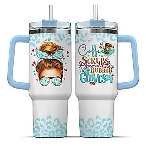 99OWL Nurse Coffee Messy Bun, Tumbler 40 Oz With Handle Lid And Straw, Tumblers Nurses Women Cups Student For Funny White Navy Blue Leopard Travel Nursing Er School, Nurse Gifts