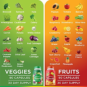 Superfood 180 Fruit and 180 Veggie Capsules -100% Whole Natural Superfood - Maintain Energy Levels, with Aloe Vera - Grown and Made in The USA (90 Count (Pack of 4)