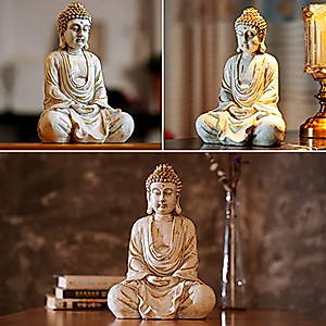 Goodeco 11.4 Meditating Zen Buddha Statue Figurine Sculpture - Indoor/Outdoor Decor for Home,Garden,with Natural Wood Beaded Necklace,Polyresin (White Gold)
