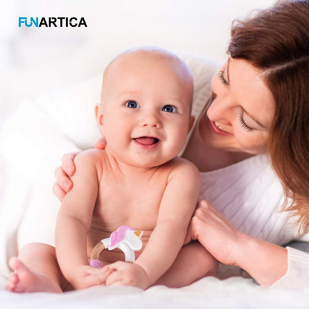 Silicone and Wood Teether Ring in Organic & Natural 100% Food Grade Silicone & Beech Wood, Unicorn Teething Toy (Pink-1pack)