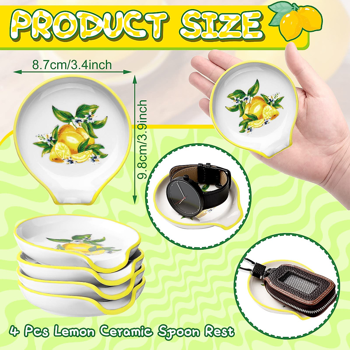 4 Pcs Ceramic Spoon Rest Lemon Spoon Rest for Stove Top Lemon Kitchen Decor Cute Lemon Tea Spoon Rest Farmhouse Housewarming Gifts Cooking Utensil Holder for Kitchen Counter Decoration (Lemon)