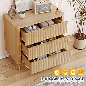 DWVO 3 Drawer Dresser, 32 inch Tall and Wider Modern Closet Dressers Chest of Drawers with Waveform Fluted Panel, Wood Storage Dresser Organizer for Dorms, Flats, Living Rooms, Hallways, Natural Oak