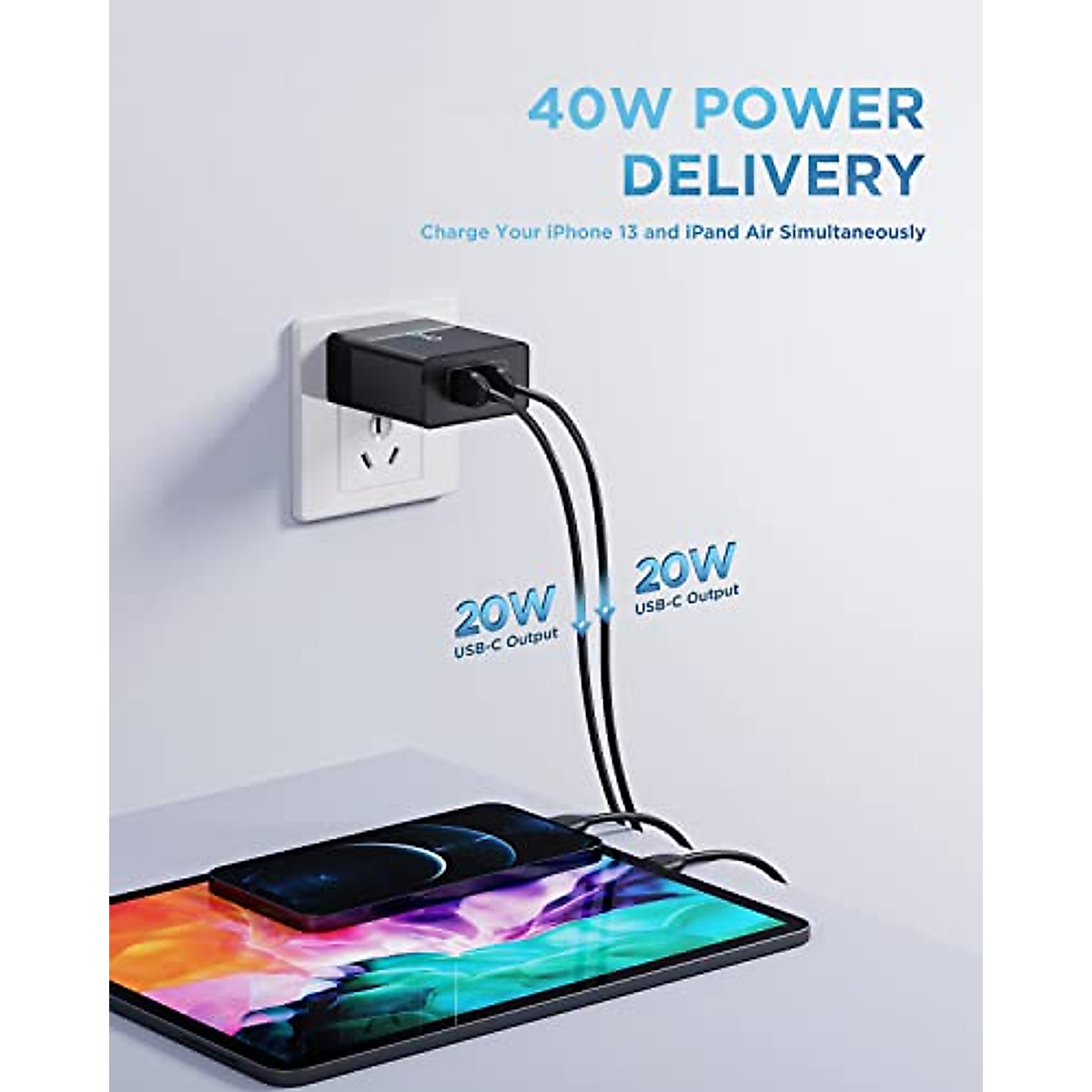 Dual USB C Charger with Apple MFi Certified Lightning Cable, 40W(20W Max Each) USB C Cell Phone Wall Charger Fast Charger Block Compatible with iPhone 13/12/11, Airpods, iPad