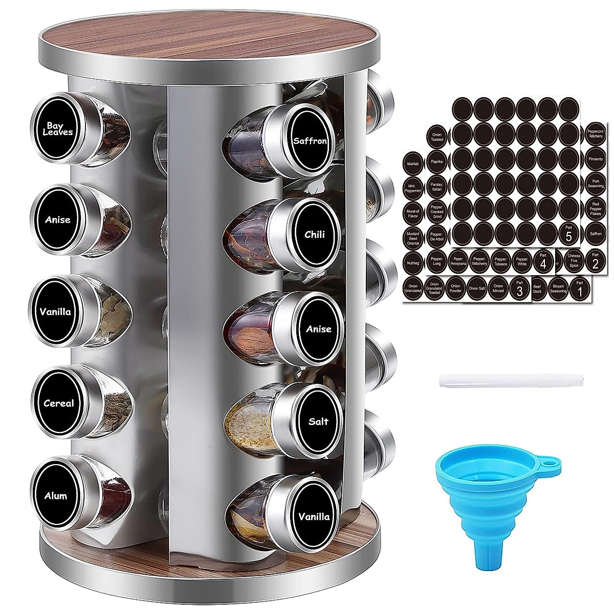 Rotating Spice Rack Organizer for Cabinet, 20 Jars Revolving Seasoning Organizer for Kitchen, Stainless Steel Spice Tower for Countertop with Reuseable Labels and Funnel