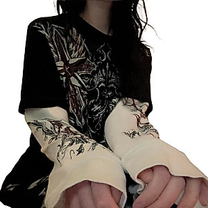 Axupico Womens Fake Two-Piece Gothic Shirts Long Sleeve E-Girls Aesthetic Grunge Tops Vintage Graphic Fall Clothes (1-Black, L)