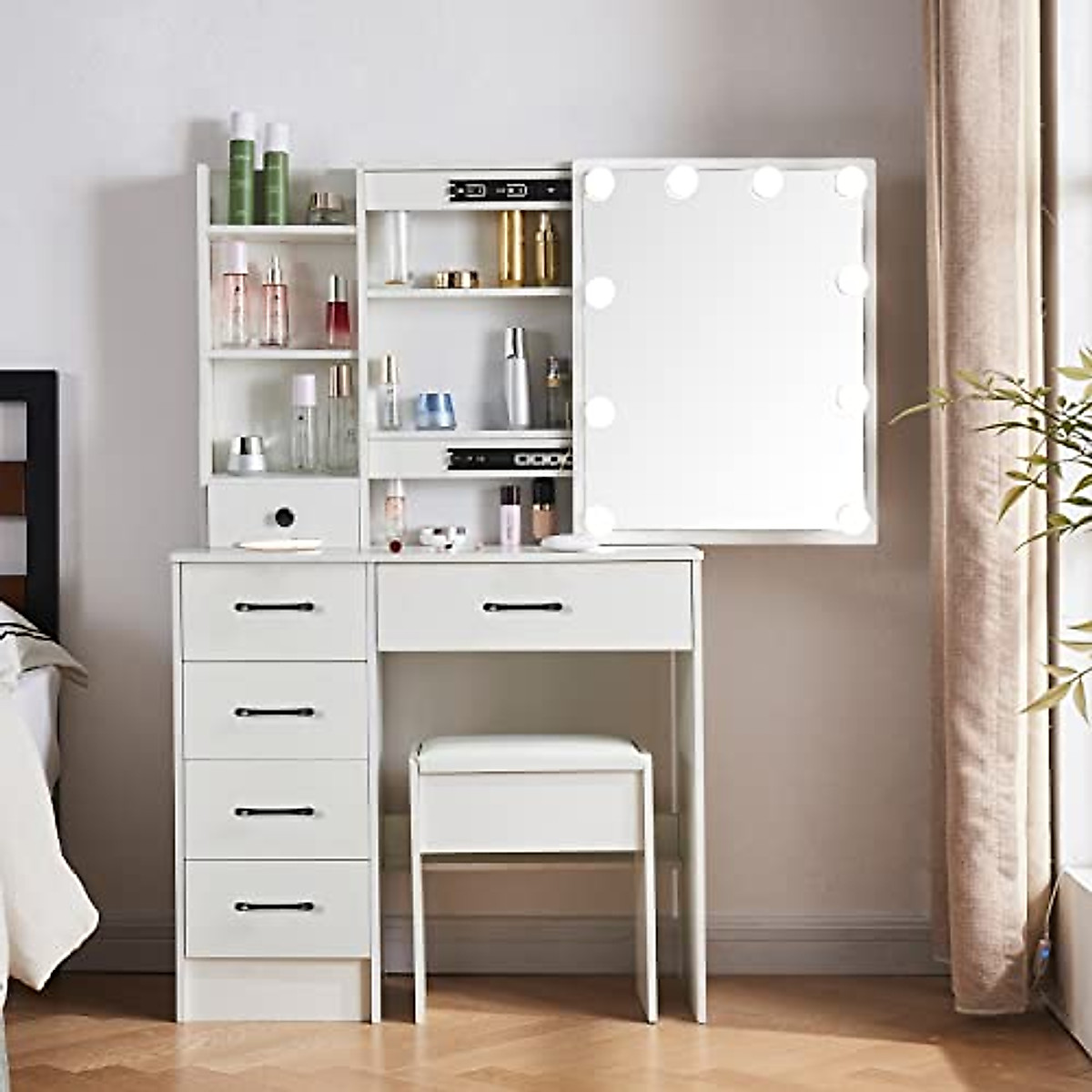 White Vanity with Sliding Mirror, 10PCS Hollywood Bulbs 3 Lighting Modes Vanity Desk with 6 Storage Drawers, Dressing Table Set with 6 Display Shelves for Girls.