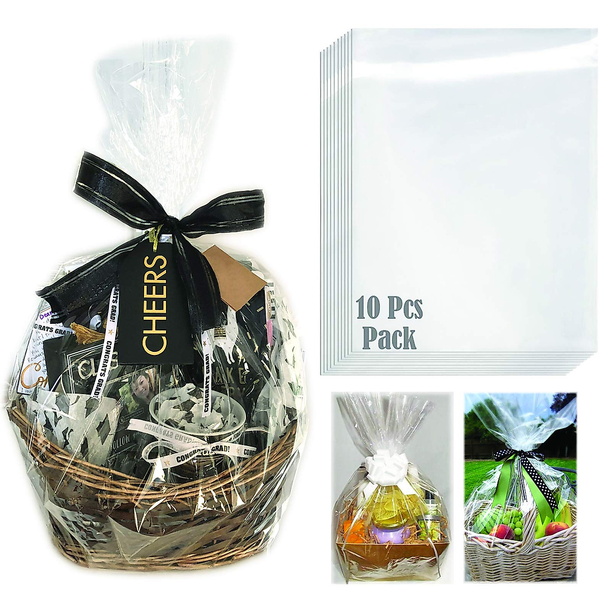 AnapoliZ Clear Cellophane Wrap Bags | (10 Pcs) X-Large 24”in X 30”in | 2.5 Mil Thick Crystal Clear Cello Bag | Clear Cellophane Basket Bags Large | Cellophane Bags for Baskets | Basket Wrapping Bags