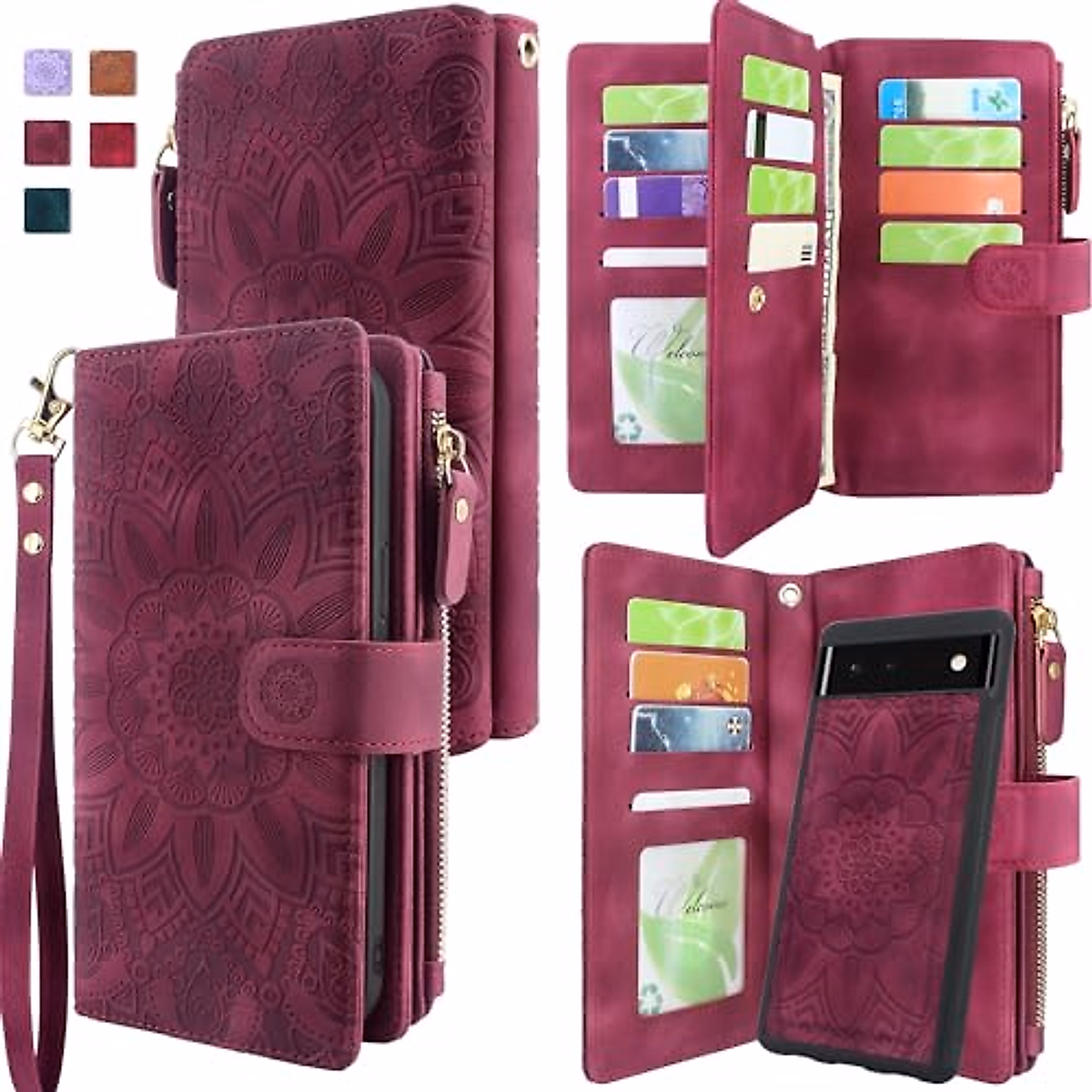 Harryshell Detachable Magnetic Zipper Wallet Leather Case with Cash Coin Pocket 12 Card Slots Holder Wrist Strap Lanyard Compatible with Google Pixel 6A 5G (2022) (Flower Wine Red)