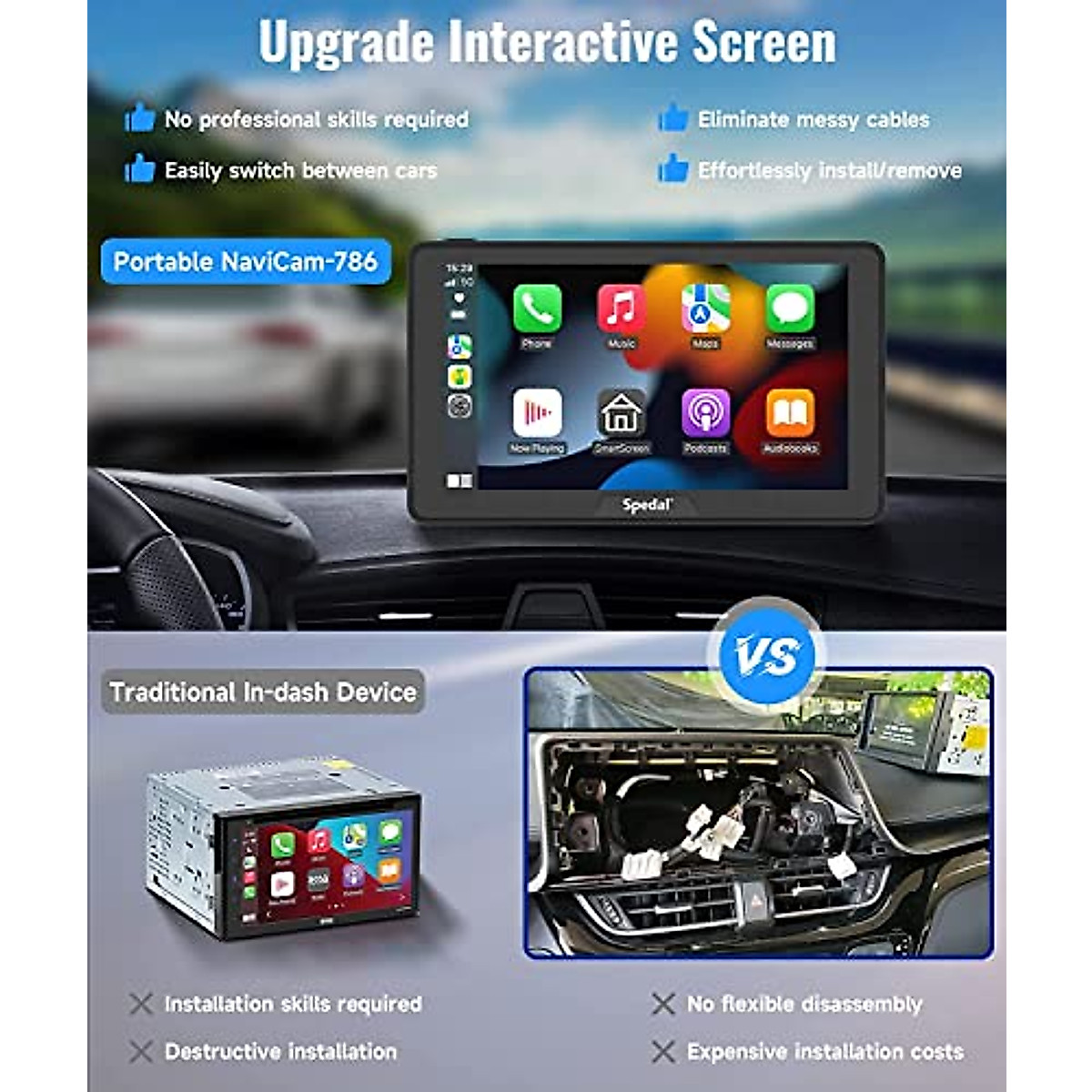 2023 Newest Portable Car Stereo with Wireless CarPlay and Android Auto, Spedal NaviCam-786 Apple CarPlay Dash Mount Car Screen, 7" IPS Touchscreen, Mirror Link/Bluetooth/Navigation/Voice Control