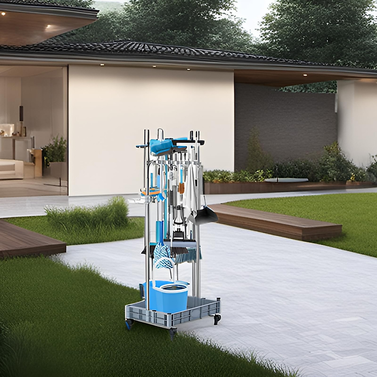 Broom Holder Organizer Movable Closet Storage Cabinet Mop Rack Floor Standing Cleaning Tool Cart For Garden Garage Schools Hotels Hospitals Factories Property Companies Restaurant (with Tank)