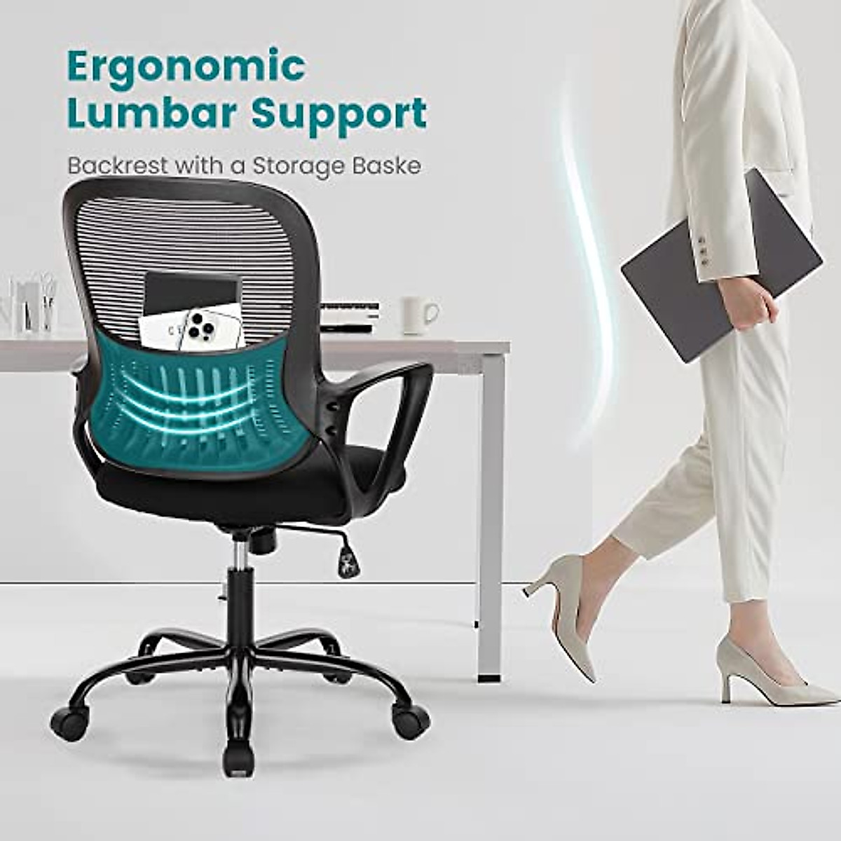 Office Chair, Ergonomic Office Chair Computer Chair Mesh Home Office Desk Chairs with Armrests, Rolling Swivel Chair with Lumbar Support Height Adjustable