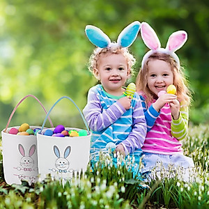 Easter Bunny Basket Egg Bags for Kids Canvas Tote Bags Buckets for Easter Eggs Personalized Candy Egg Basket with Rabbit Print Easter Tote Bag Party Candy Storage Decoration（2pcs）