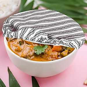 Whaline 10Pcs Bowl Covers Reusable In 5 Size Stretch Cloth Fabric Dish Cover Farmhouse Plaid Gray Ticking Stripe Lids for Food Fruits Leftover Storage