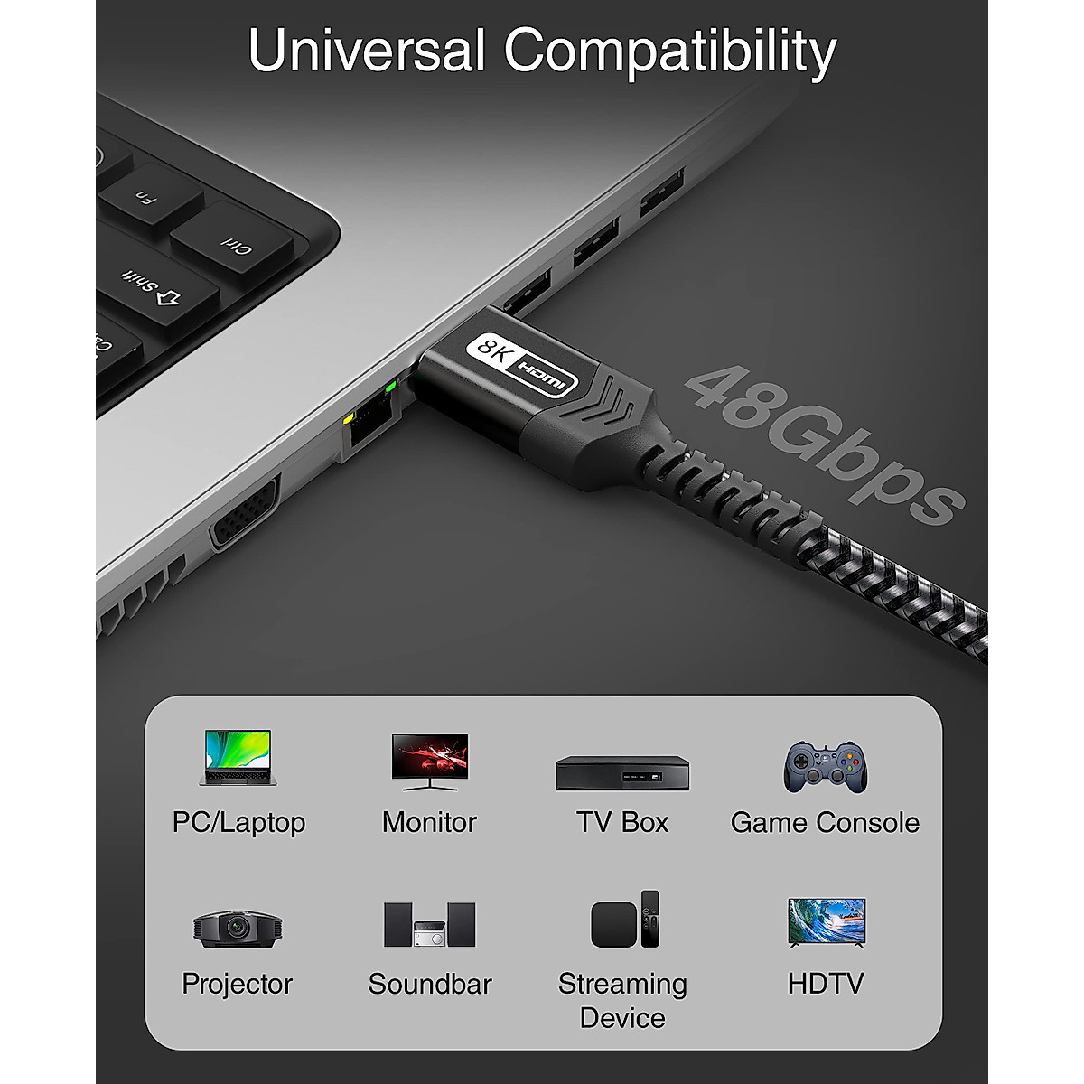 BlueRigger Certified 10K 8K HDMI Cable - 6FT (8K 60Hz Ultra HD, 48Gbps High Speed, eARC, HDR10, 4:4:4, HDCP 2.3) - Compatible with Game Consoles, HDTV, Apple TV, Monitor, Blu-Ray