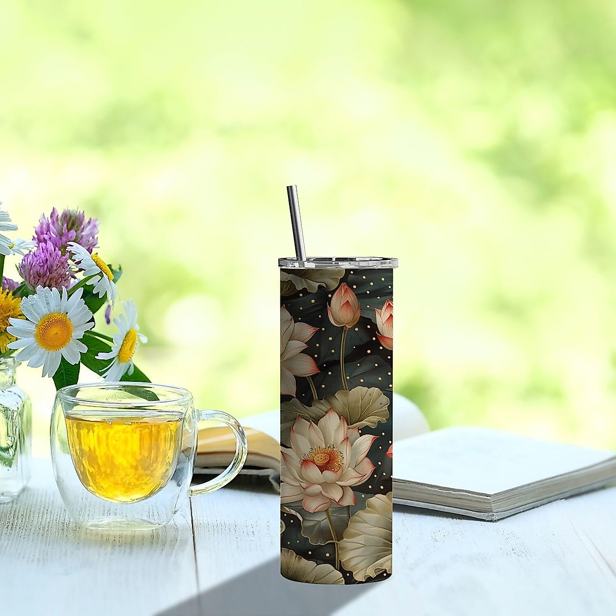 Medpol lotus flowers insulated tumblers，lotus flowers coffee cup Gift，lotus flowers Drinking Glasses-Tea Cup-Coffee Mug tumbler with lid and straw 20 oz insulated tumbler cups