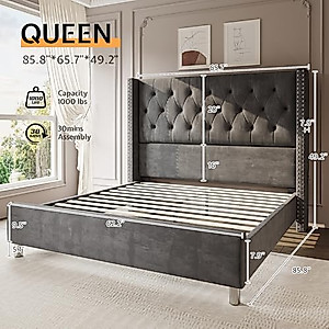 PaPaJet Upholstered Queen Bed Frame with Tall Headboard, Wingback Platform Bed, Velvet Tufted Button, No Box Spring Needed, Easy Assembly, Grey