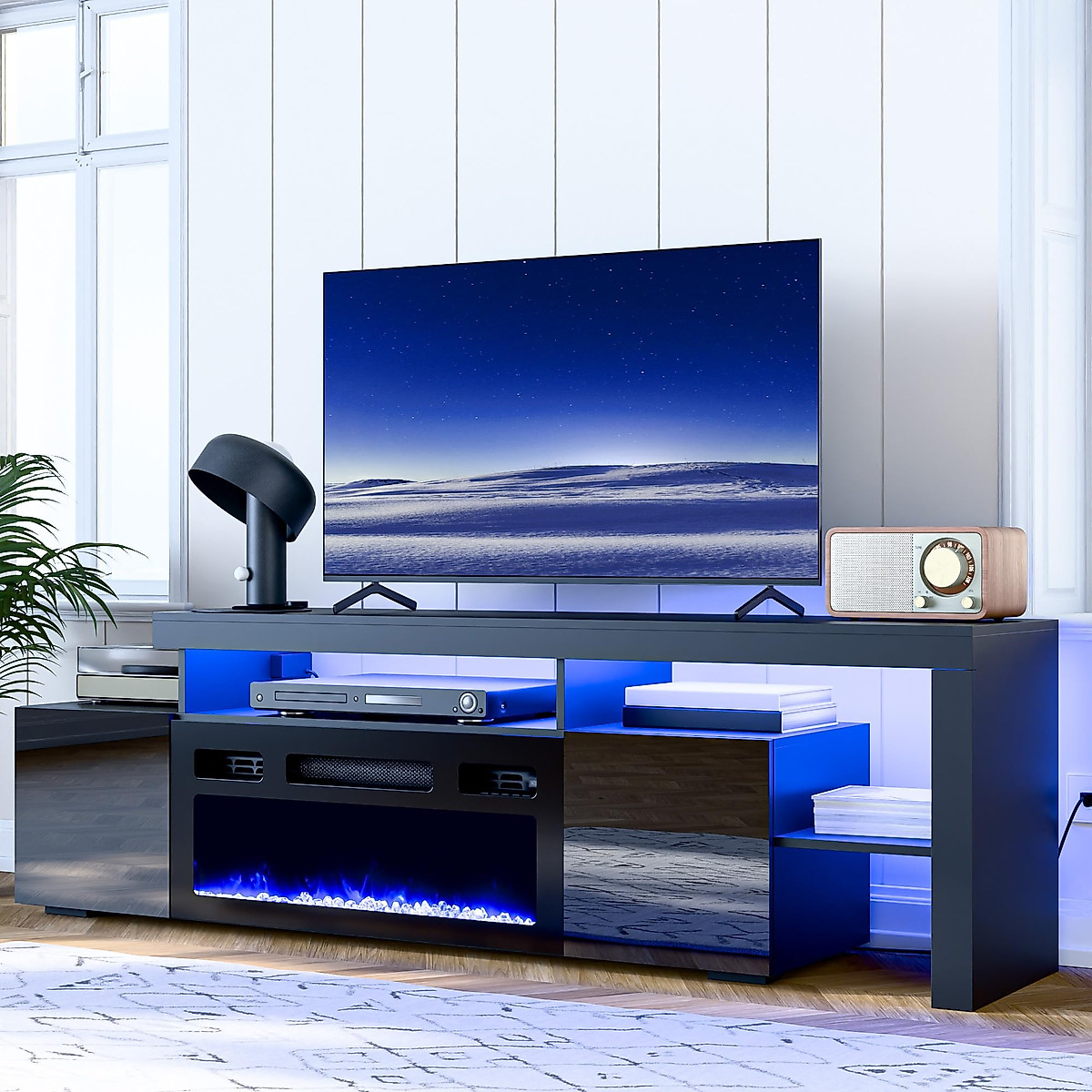 Cozy Castle Extra Long 73.2" Fireplace TV Stand up to 85" TV, High Gloss Entertainment Center with 30" Electric Fireplace, LED Lights and 2 Storage Cabinets, Modern Media Console with Charging Station